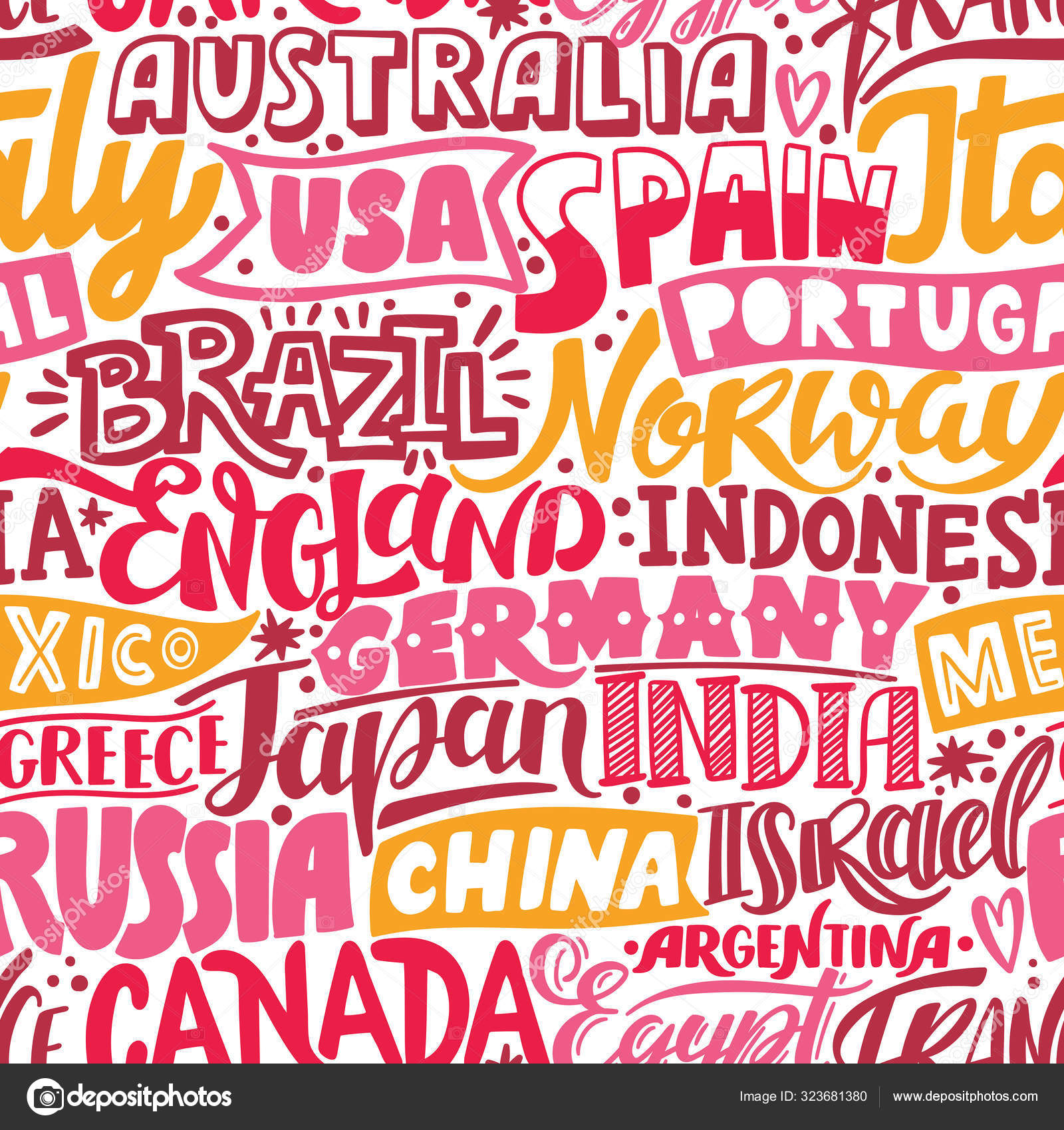 Lettering hand drawn seamless pattern with countries. Stock Vector ...