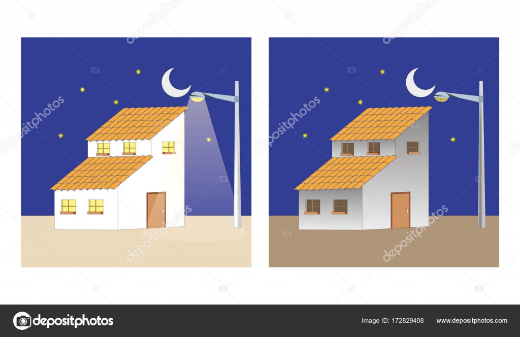 Illustration depicts a house with and without light. Ideal for training ...