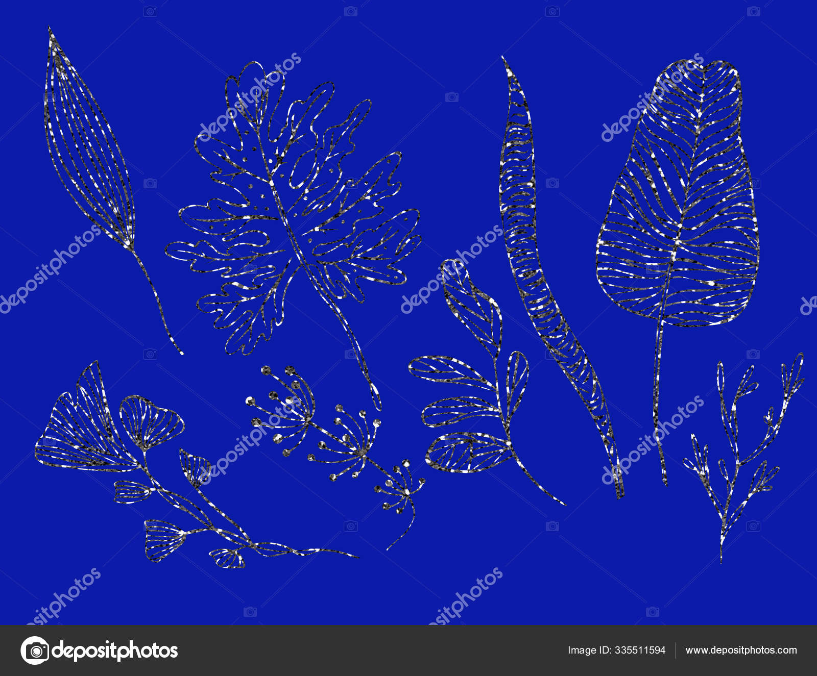 Illustration Drawing Sketch Silver Color Sparkles Contour Leaves Exotic ...