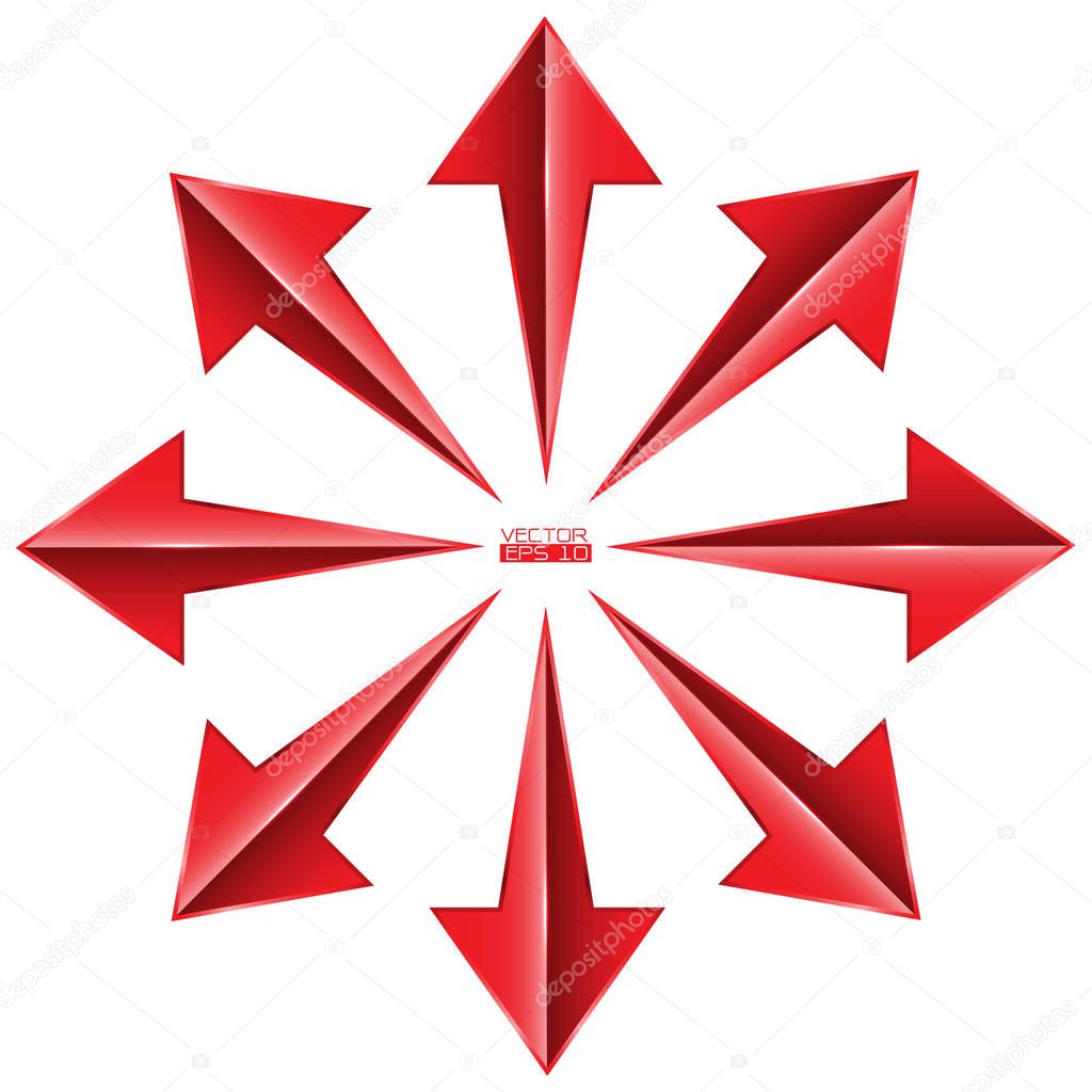 Red arrows 8 point direction spread on white background sign symbol ...