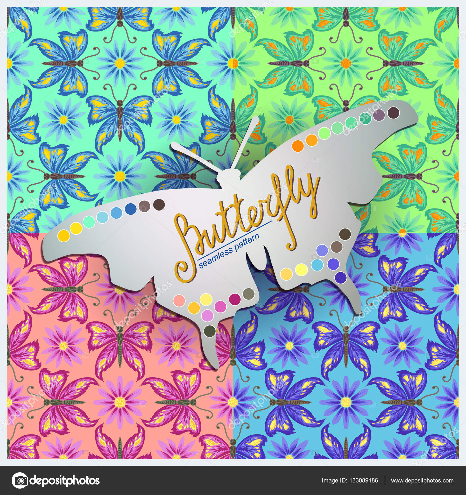 Four Seamless vector geometric pattern with butterfly and flowe Stock ...