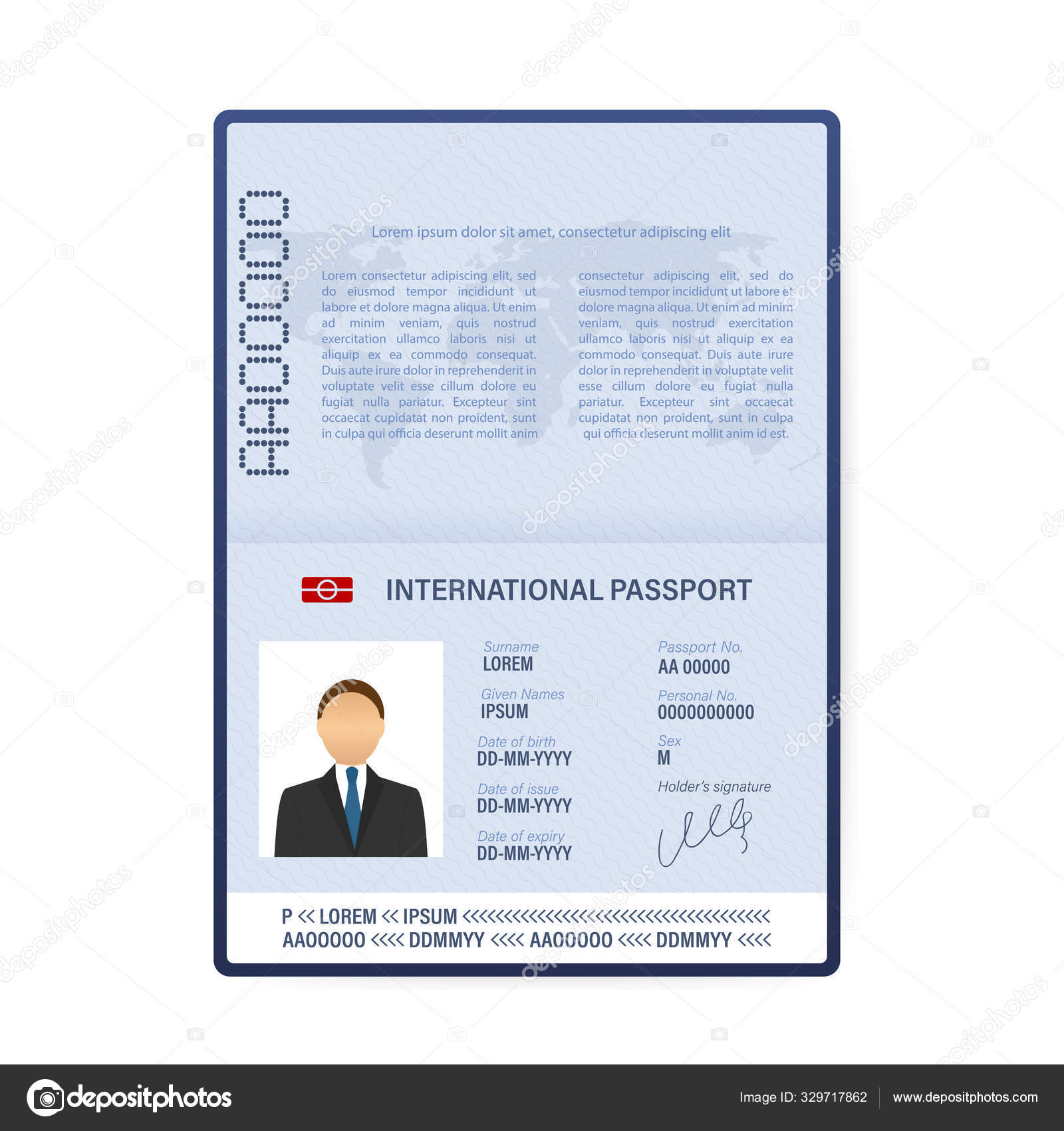 Blank open passport template. International passport with sample ...