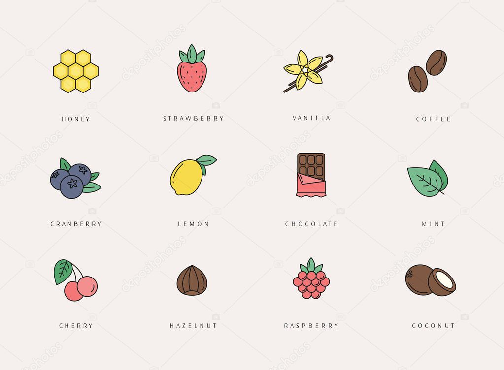 Conjunto de vectores de diferentes iconos de sabor, plantilla de diseño ...