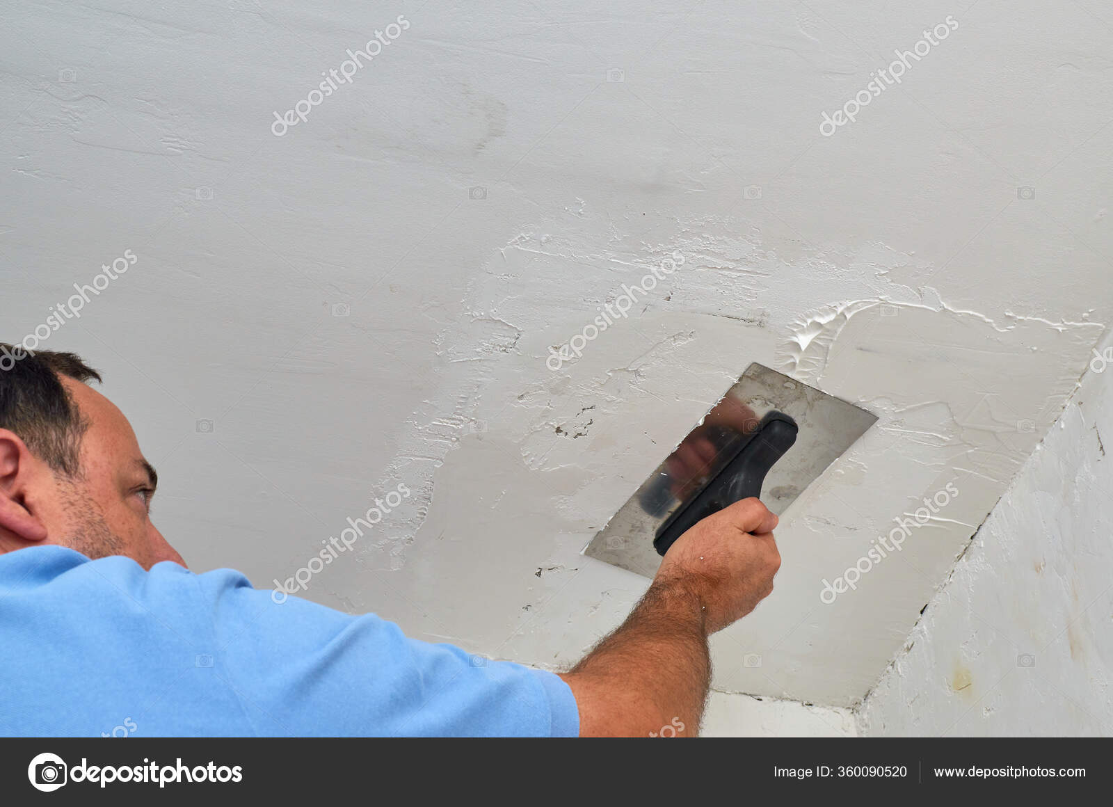 Man Smoothing Ceiling Trowel Renovating Works — Stock Photo © Bane.m ...
