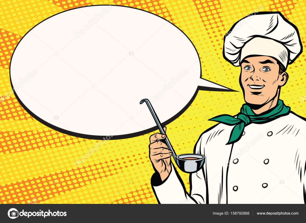 Caucasian chef with ladle for cooking, comic bubble Stock Vector Image ...