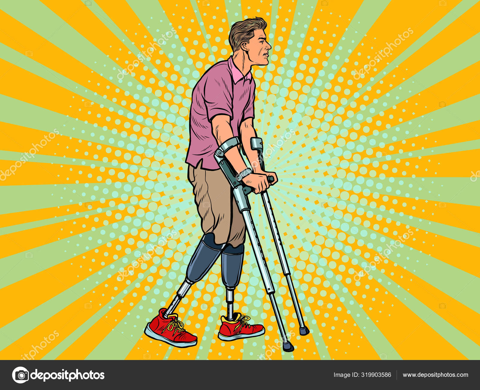 Legless veteran with a bionic prosthesis with crutches. a disabled man ...