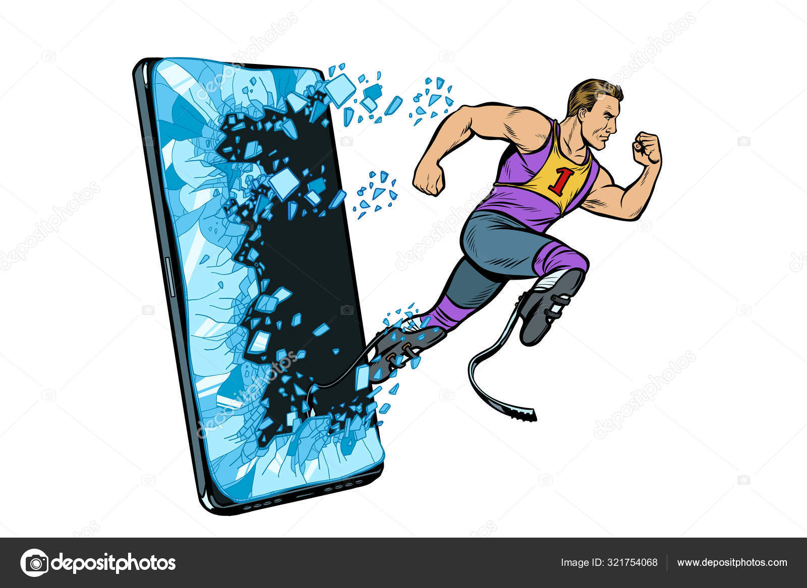Legless male athlete running with a prosthetic Phone gadget smartphone ...