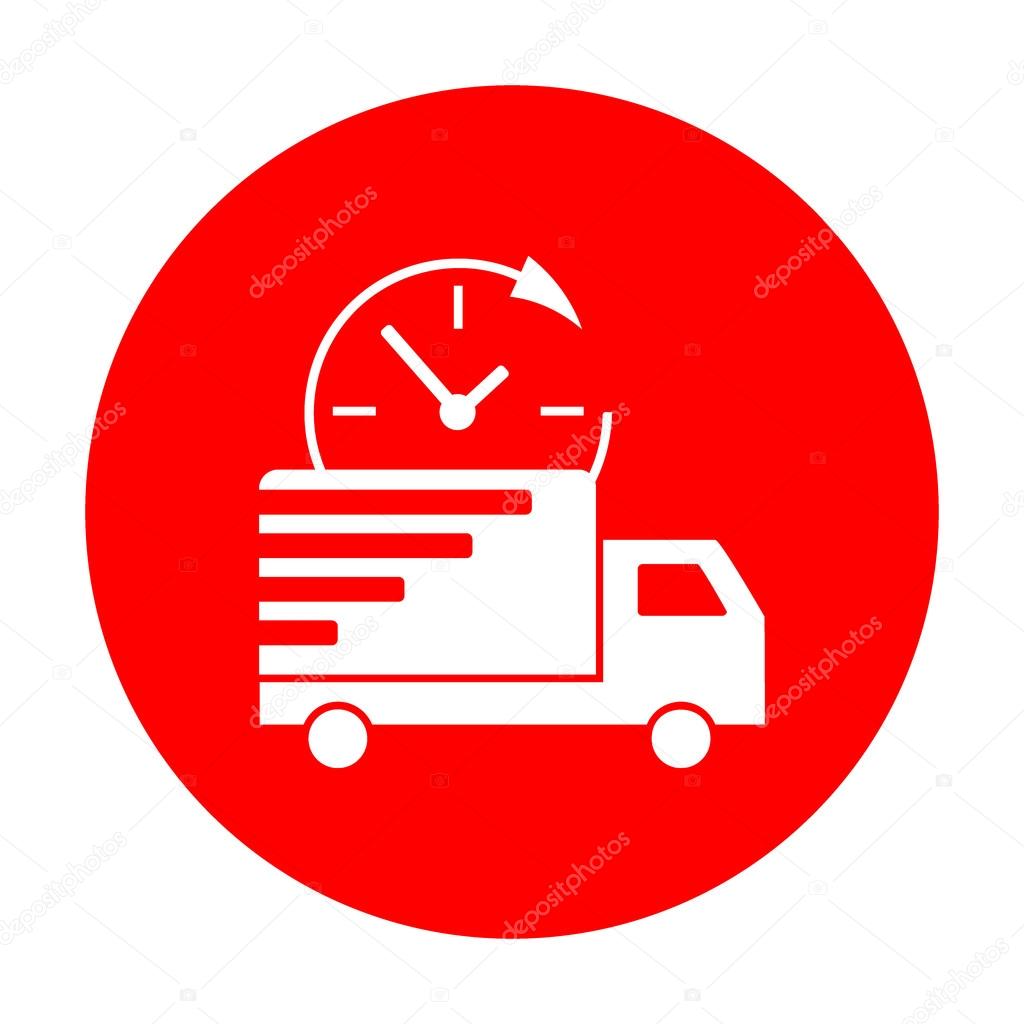 Signo de entrega ilustración. Icono blanco en círculo rojo. 2022