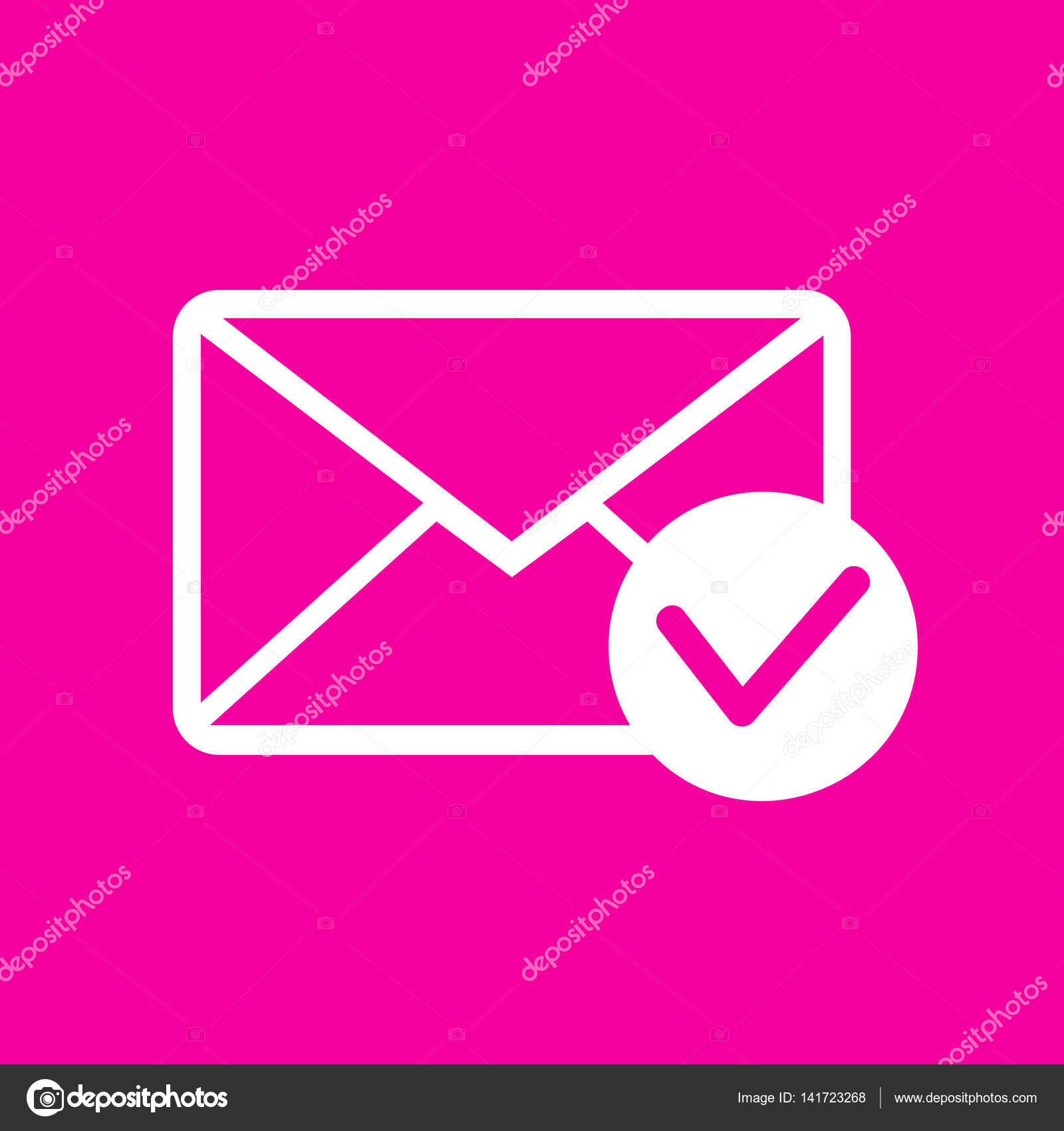 Mail sign illustration with allow mark. White icon at magenta ...