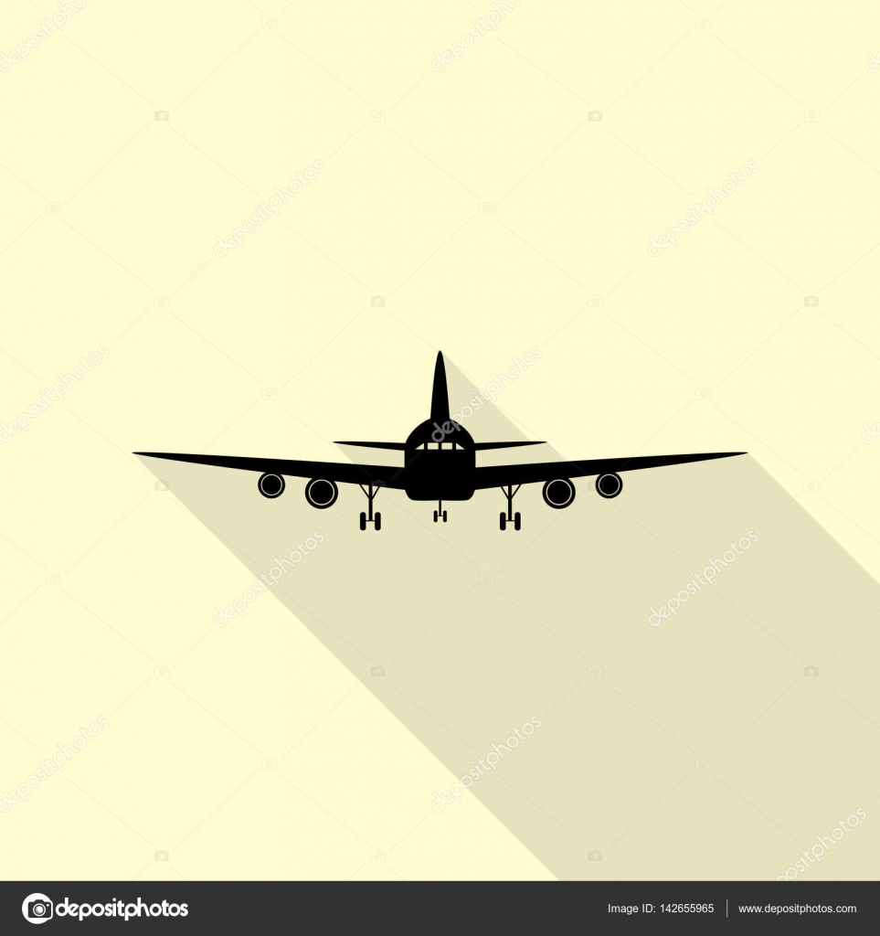 Flying Plane sign. Front view. Black icon with flat style shadow path ...