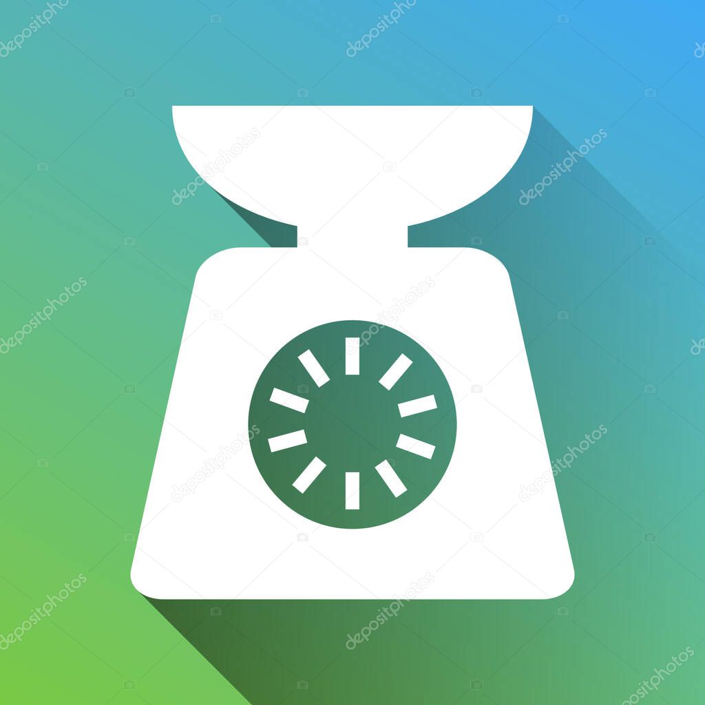 Señal de balanza. Icono blanco con gris caído sombra ilimitada sobre ...