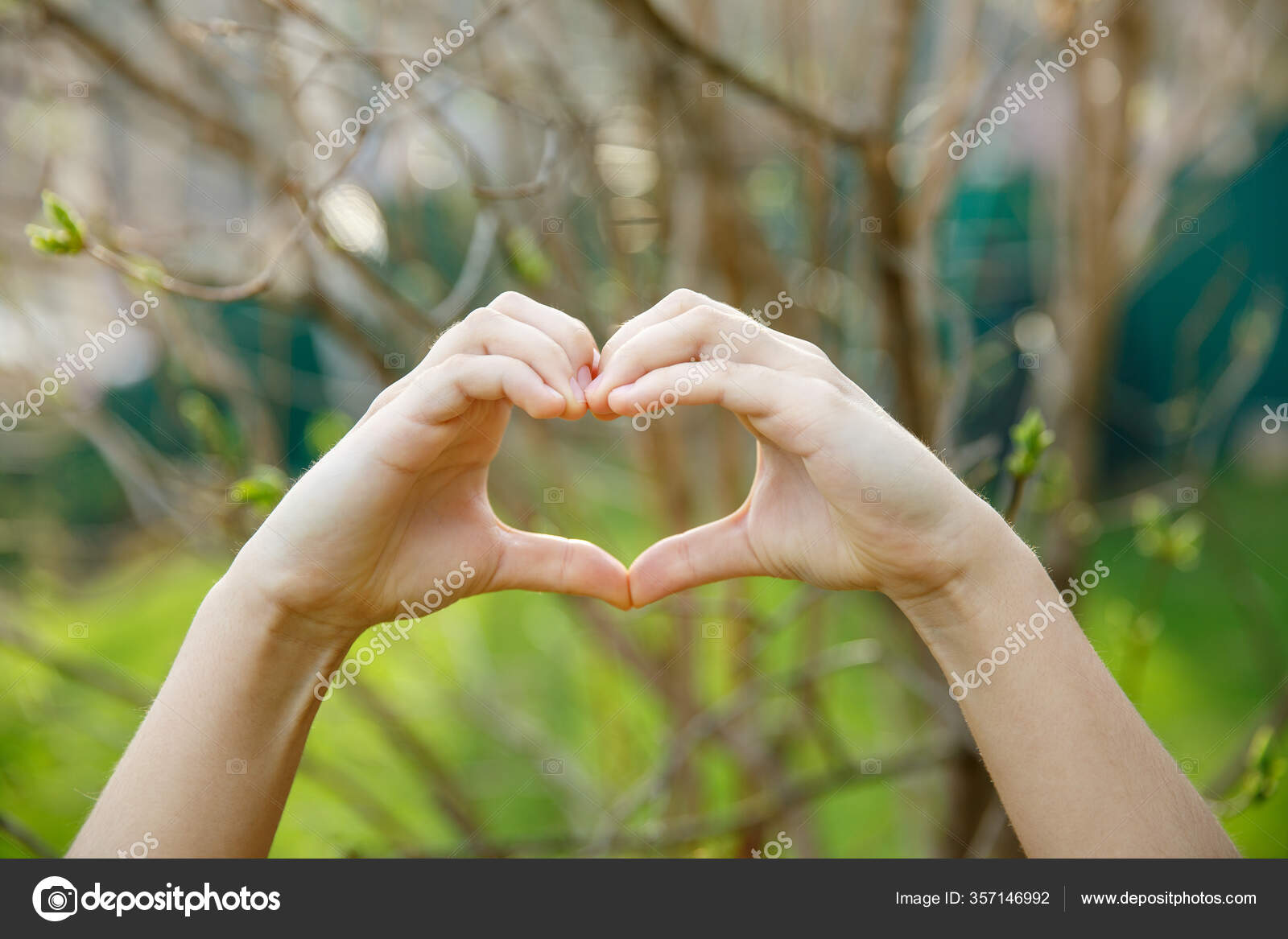 Girls Hands Form Heart Spring Greens Love Concept — Stock Photo ...