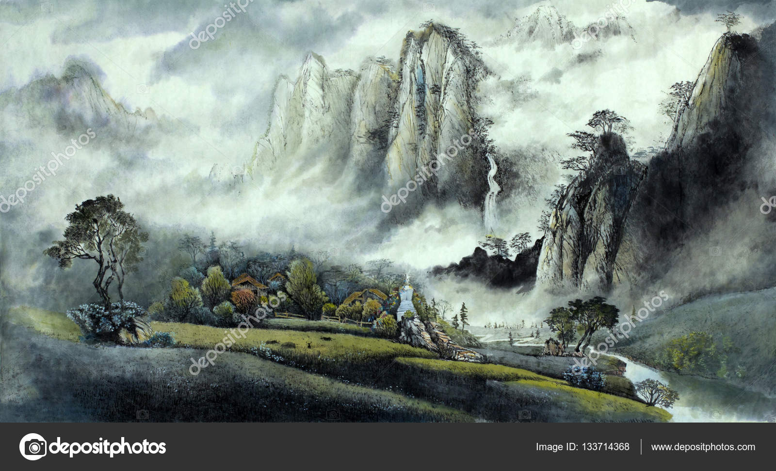 Chinese landscape mist waterfall and mountains Stock Illustration by ...