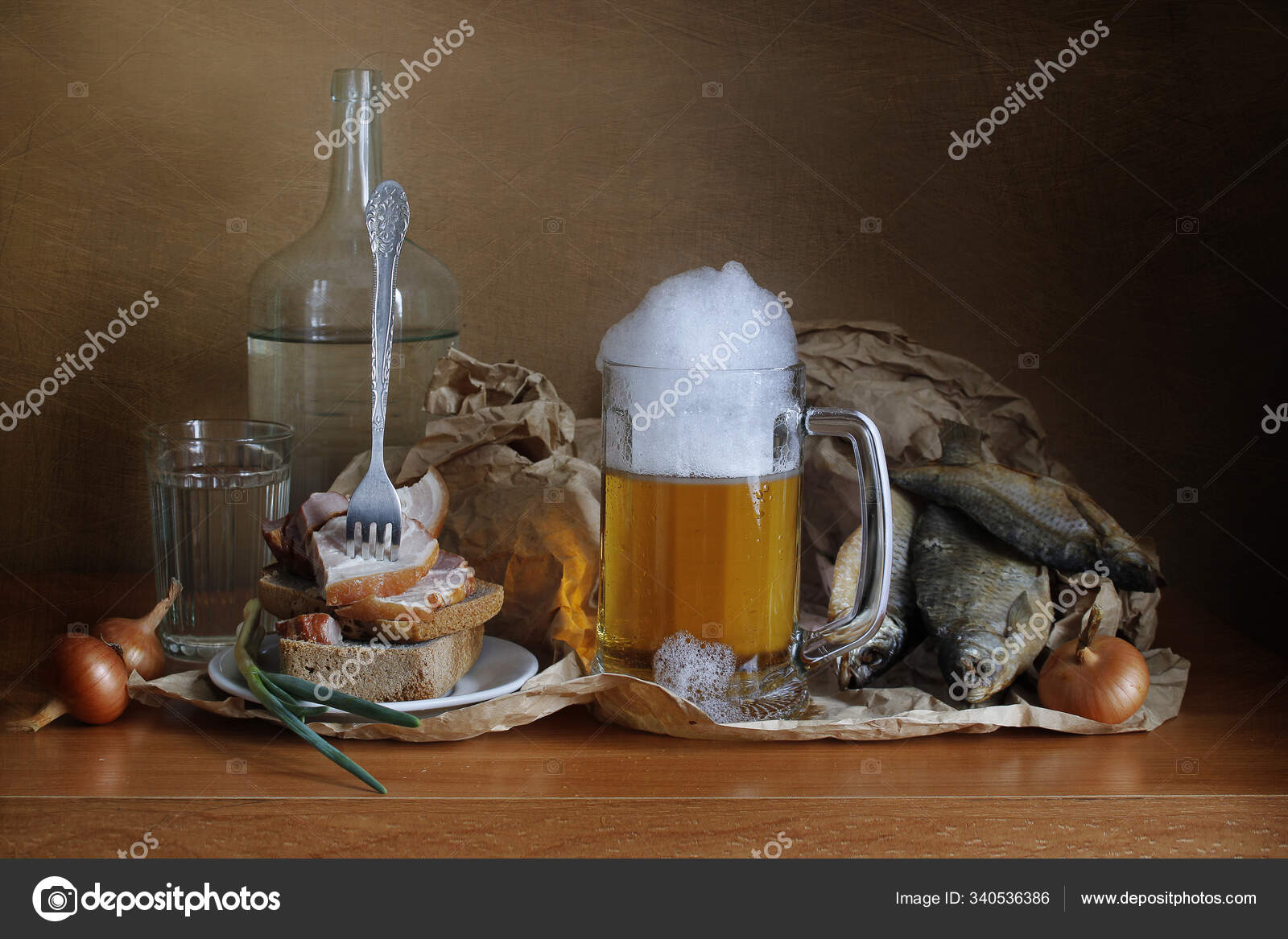 Still life with beer, wine, fish in vintage style . — Stock Photo ...
