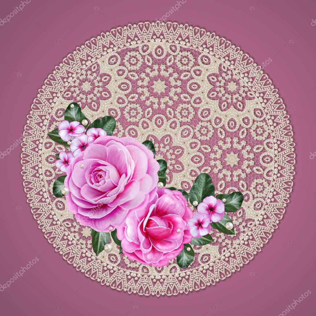 Floral background. The round shape, the circle. Garland flower pink ...