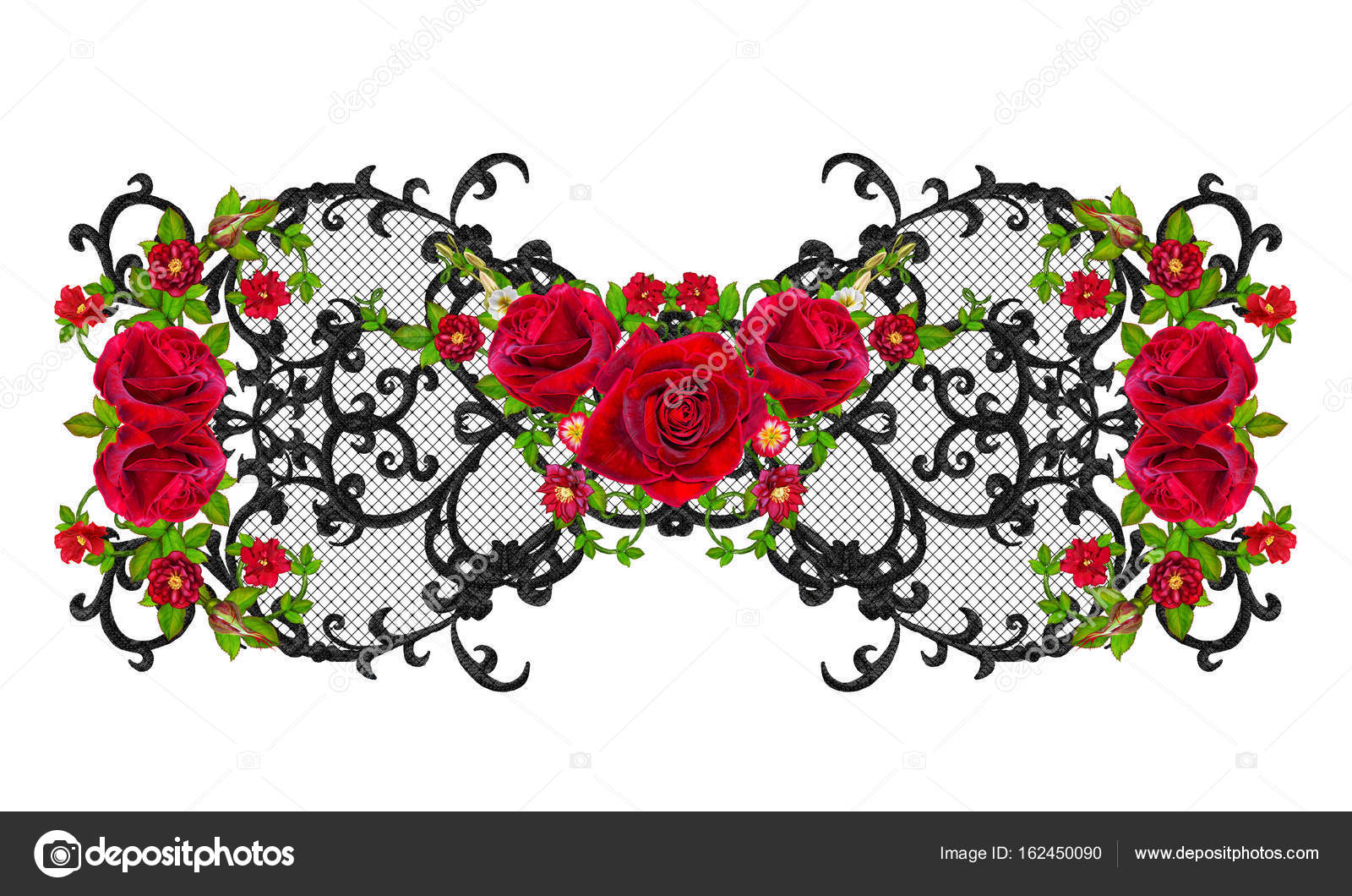 Black lace, openwork weaving, curls. Garland of dark velvet red roses ...
