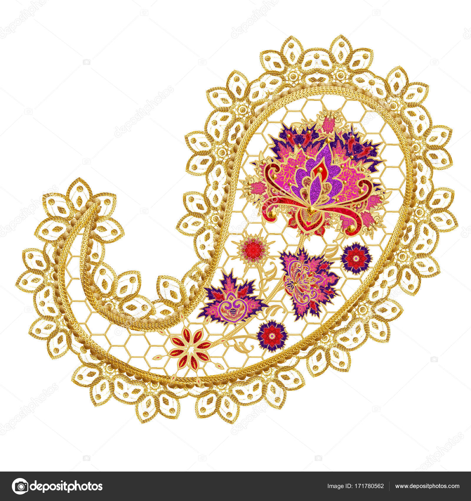 Gold Indian cucumber, paisley. Stylized flowers, openwork weaving, lace ...