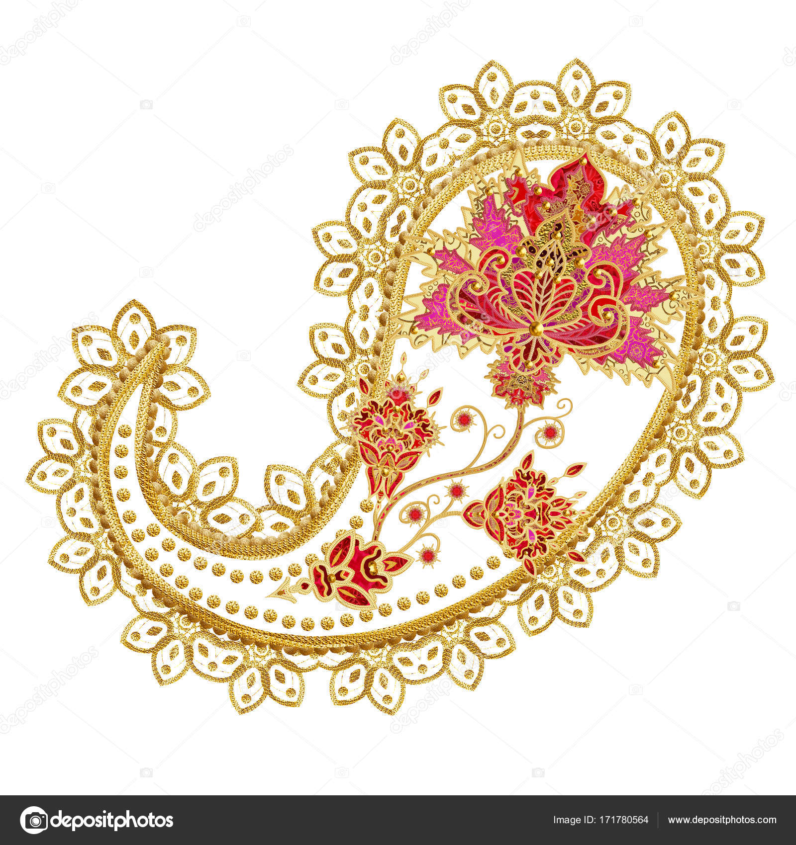 Gold Indian cucumber, paisley. Stylized flowers, openwork weaving, lace ...