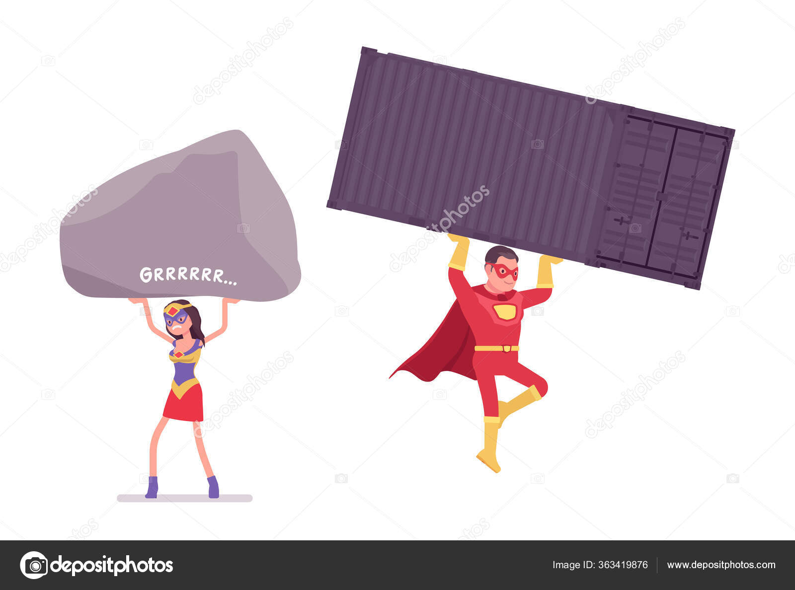 Male, female super hero wearing costume, carrying big heavy things ...