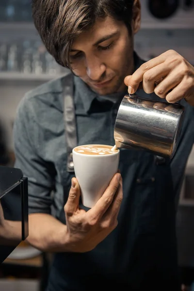 Portrait of young man working with coffee machine at the bar counter in ...