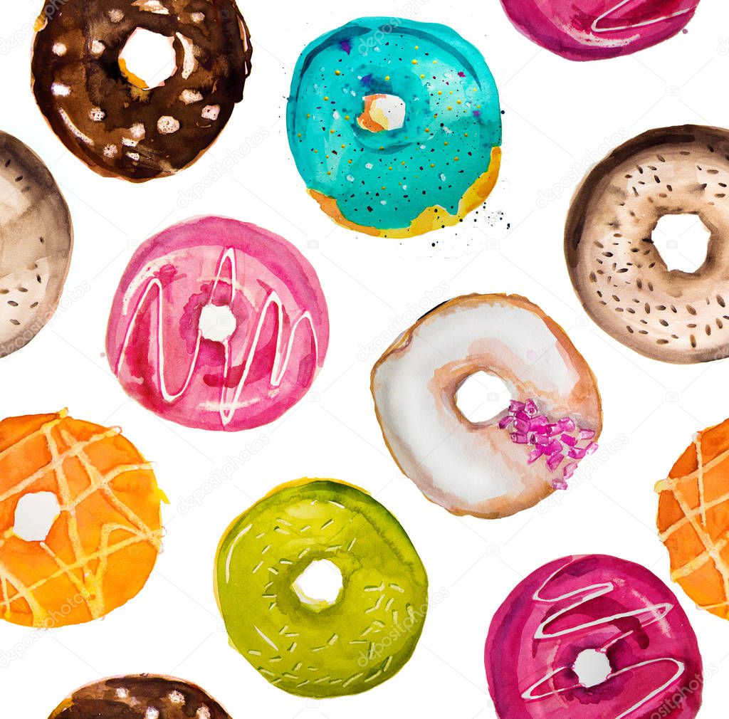 Hand-painted watercolor donuts pattern — Stock Photo © Cofeee #165266422