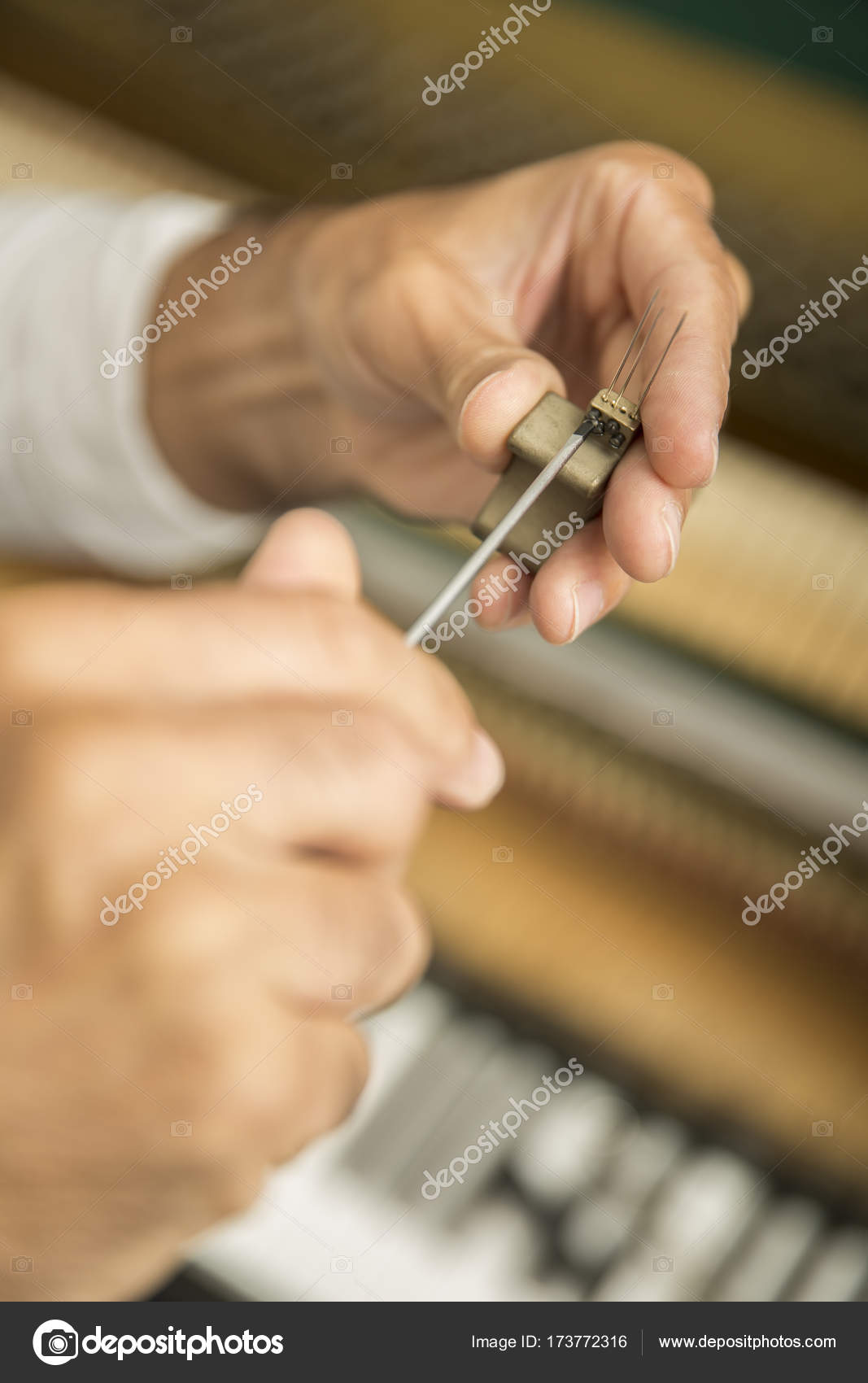 Technician tuning a upright piano using lever and tools — Stock Photo ...