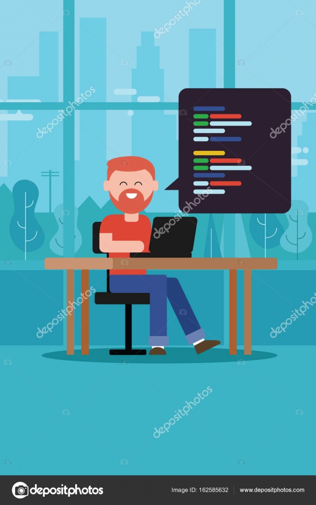Coding programming script man with beard t-shirt sitting working on laptop on table Stock Vector ...