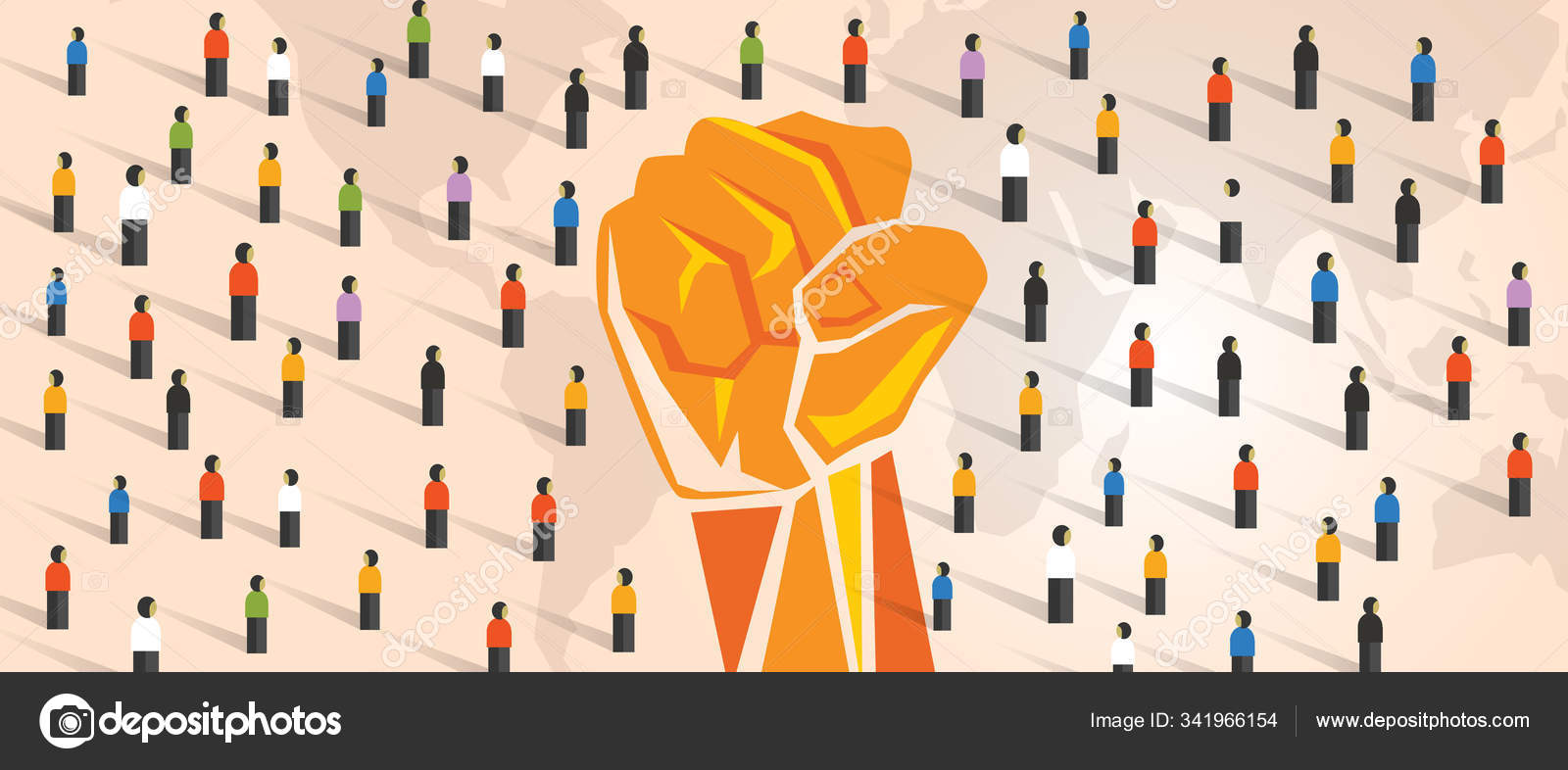 People power hand fist raise together with crowd. May people celebrate ...