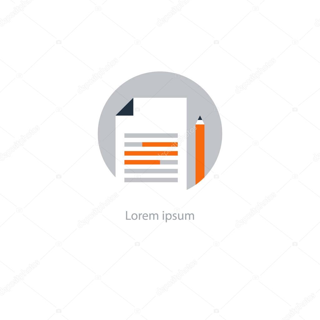 Essay writing icon, education concept, creative storytelling, summary ...