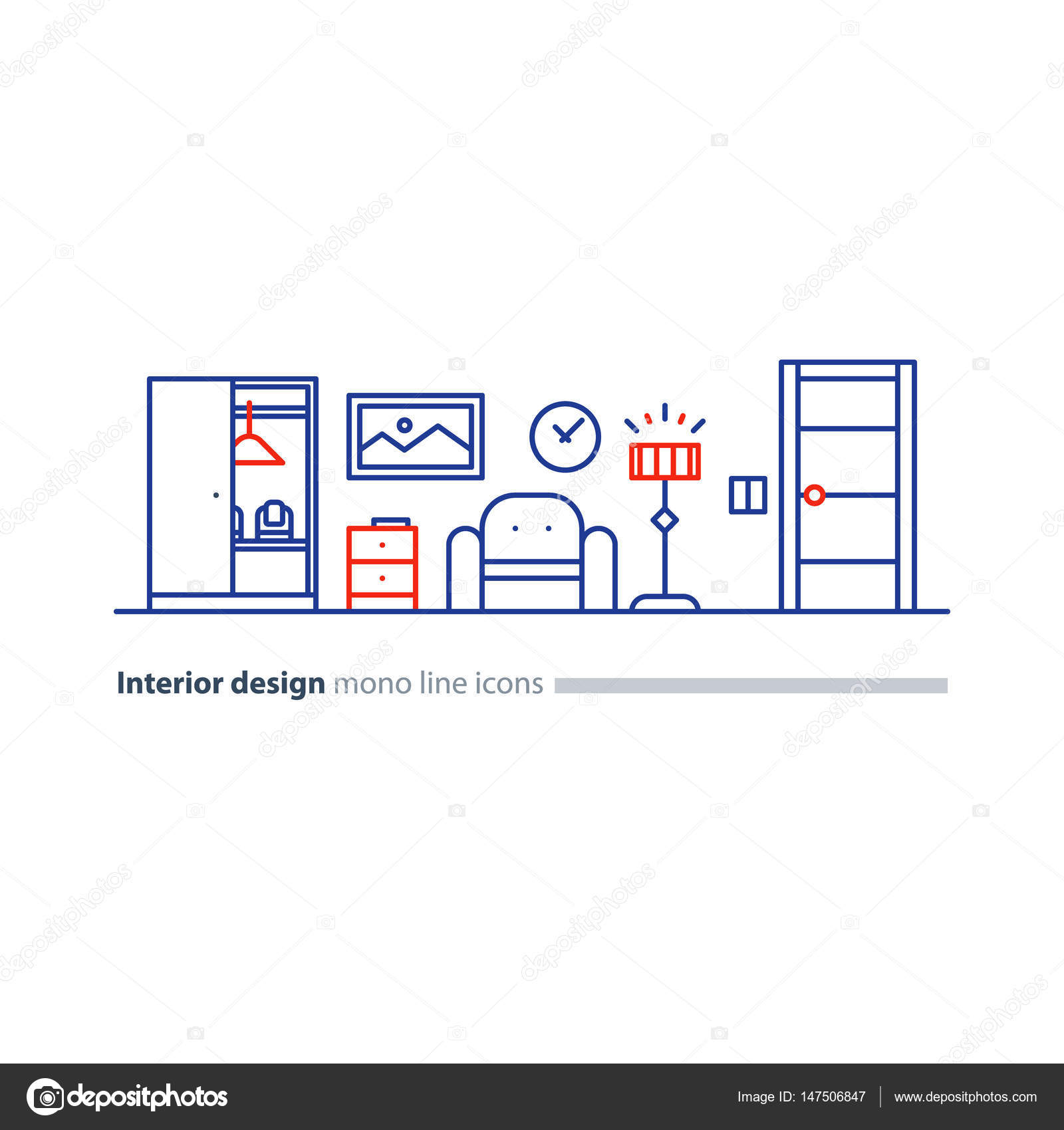 Simple interior, apartment design services, line furniture icons set ...