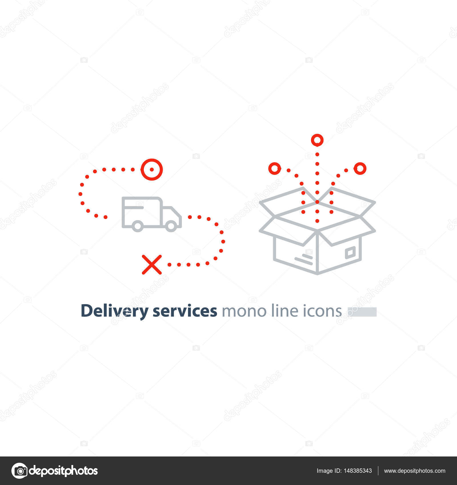 Truck delivery and box package, transportation services line icons ...