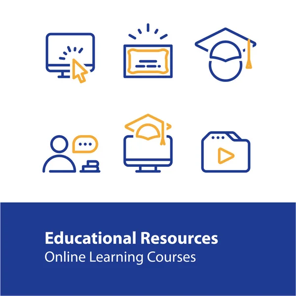 Online education concept line icons, internet learning courses, distant ...