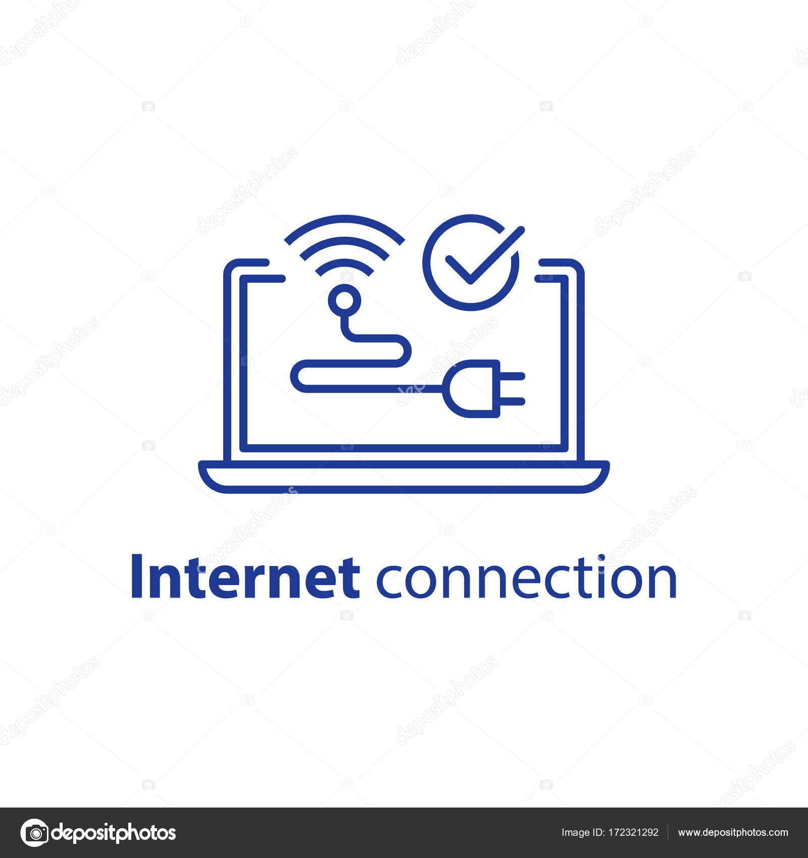 Wireless internet connection, laptop computer, wi-fi sign,vector stroke ...