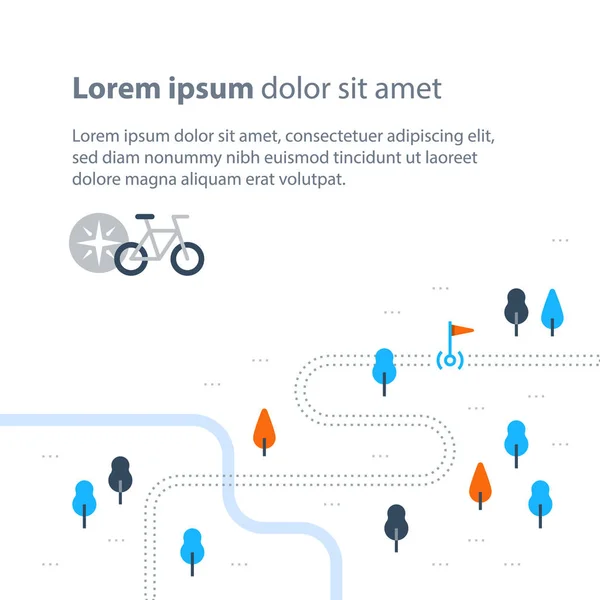Trail map with flag, outdoor biking, cycling route, countryside ...