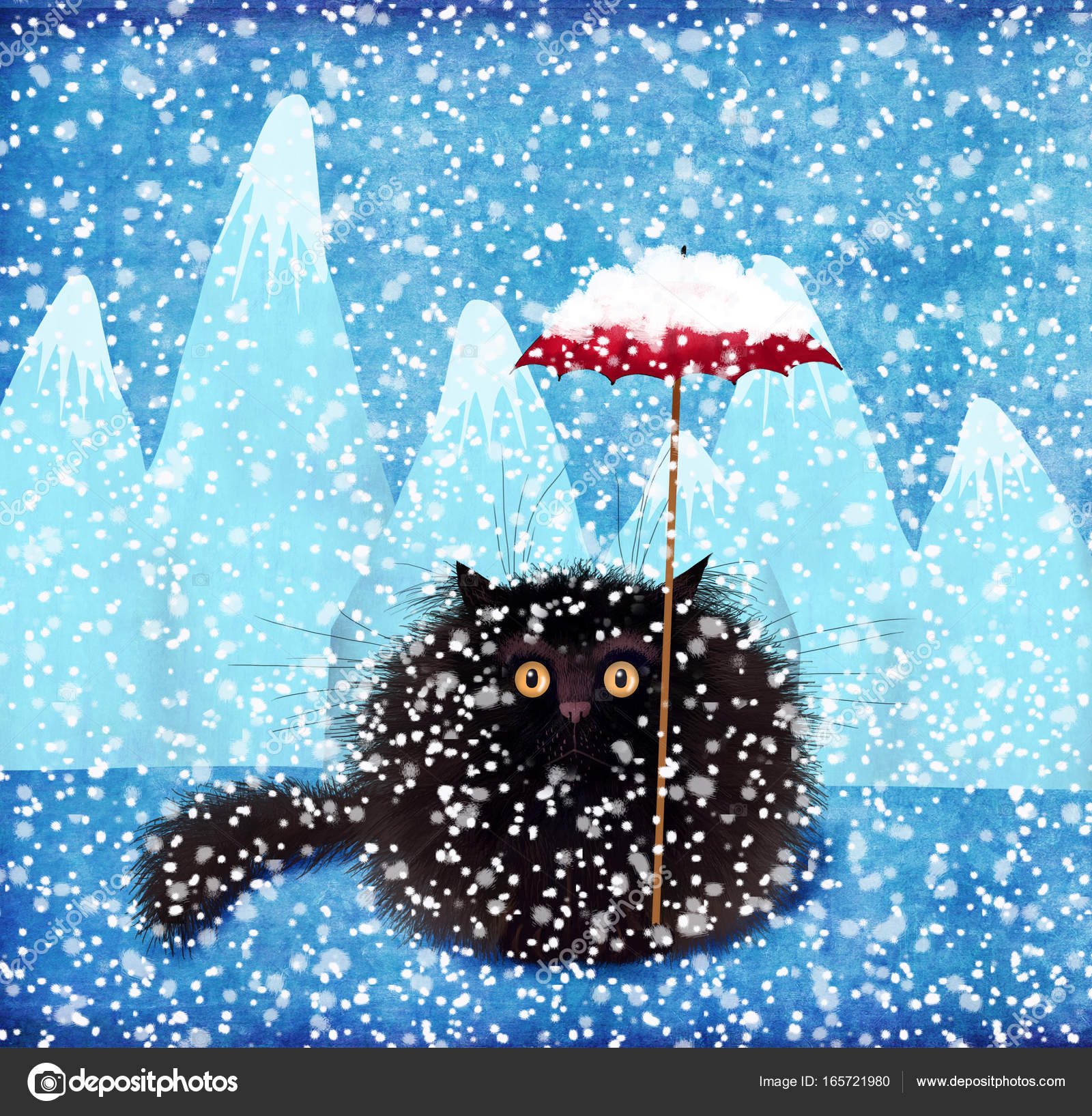 Fluffy Black Cat In Snow