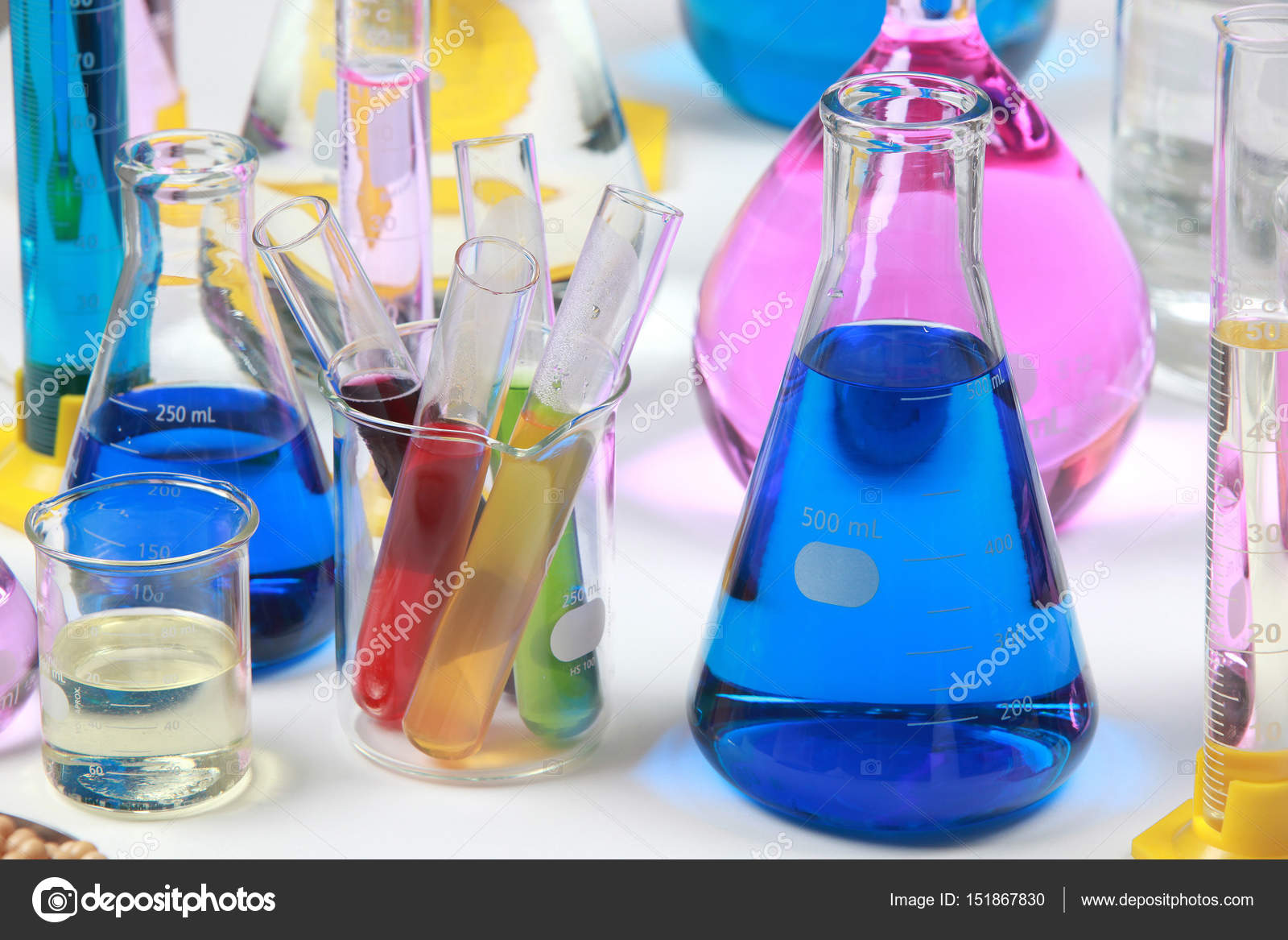 Composition of laboratory material with colored liquids in realistic ...