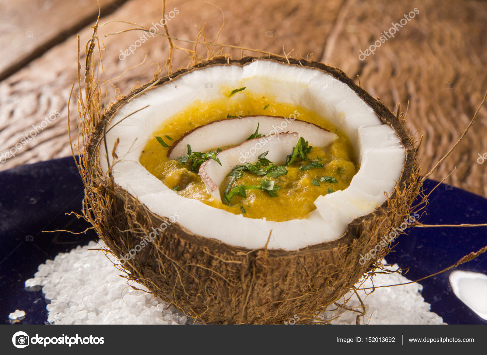 Sururu soup inside a coconut. Brazilian dish. — Stock Photo ...