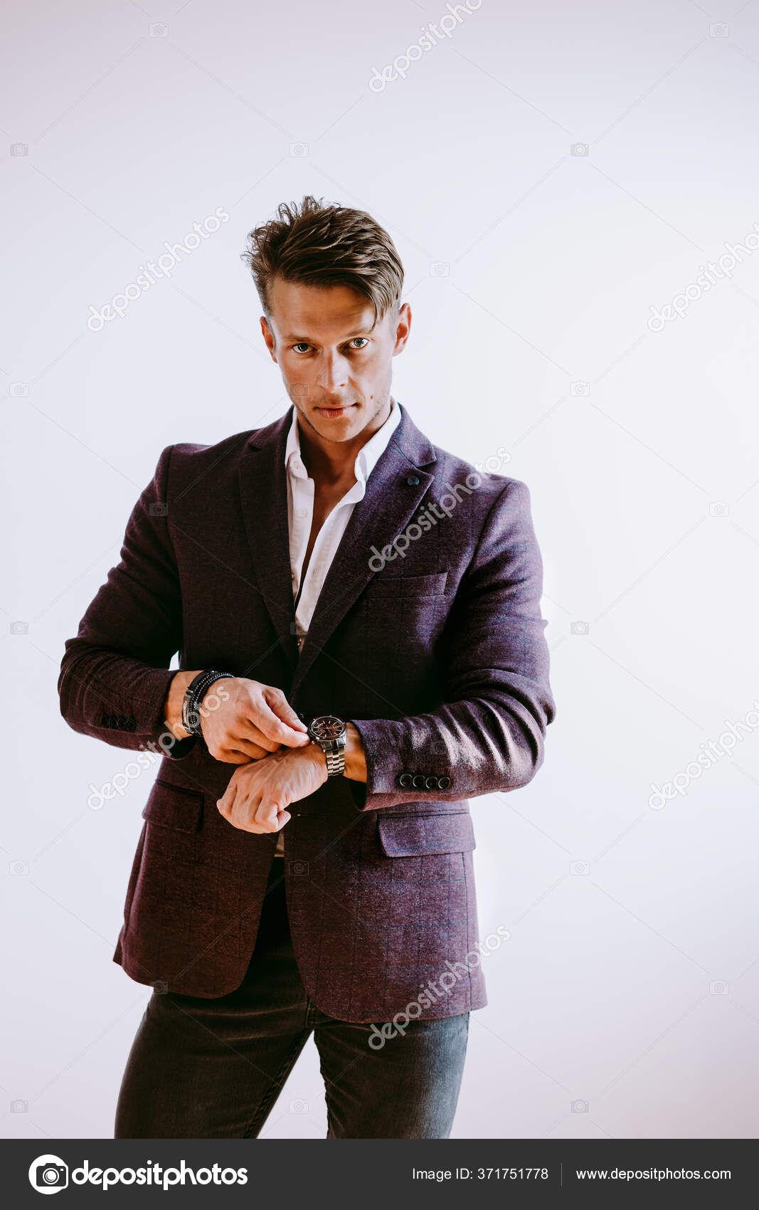 Portrait Beautiful Man Setting Time Watch Winding Fashion Portrait Man ...
