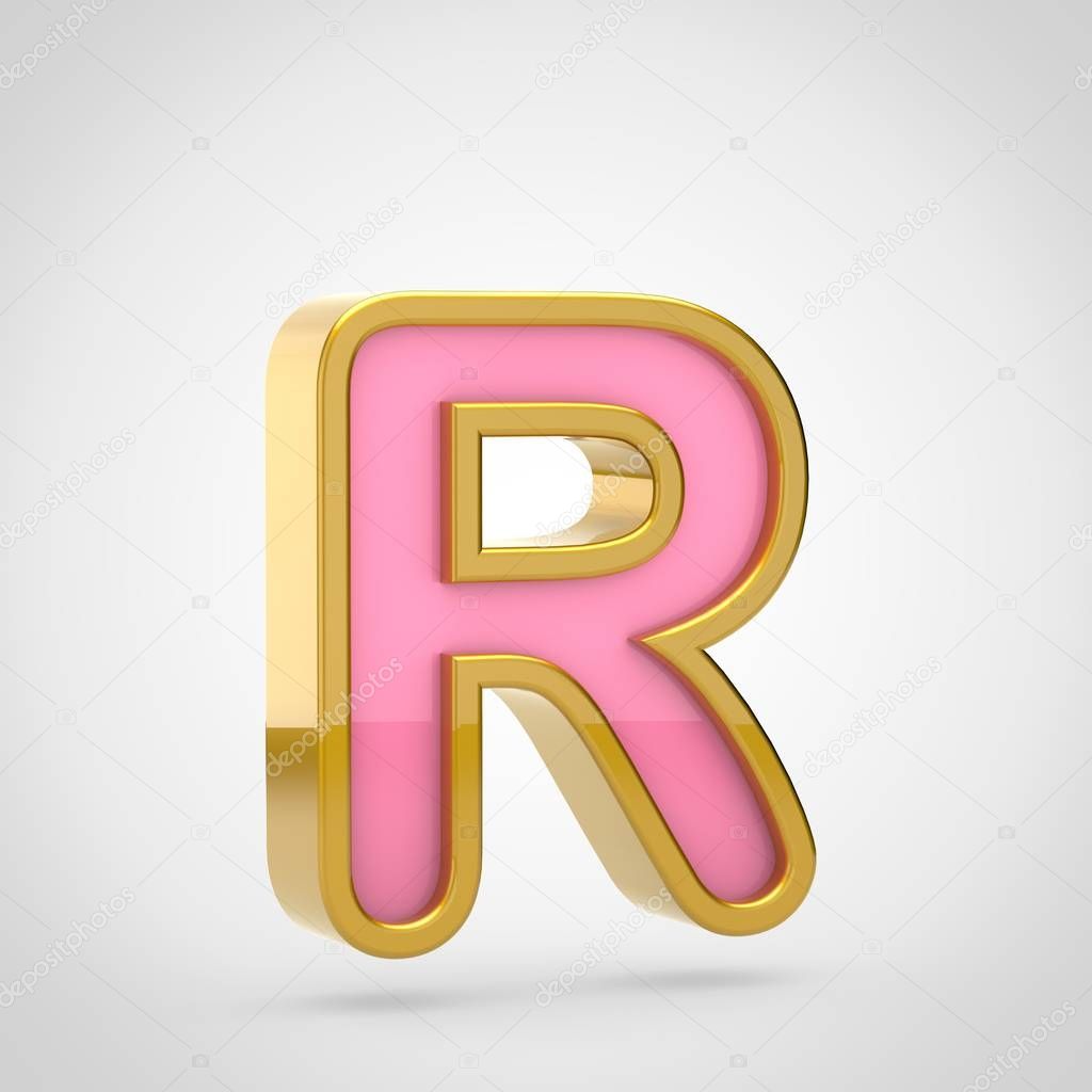 3d render de fuente rosa con contorno dorado sobre fondo blanco, letra ...