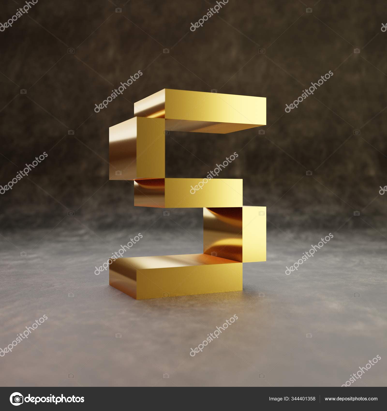 Pixel letter S uppercase. Golden glossy font on dark leather background ...