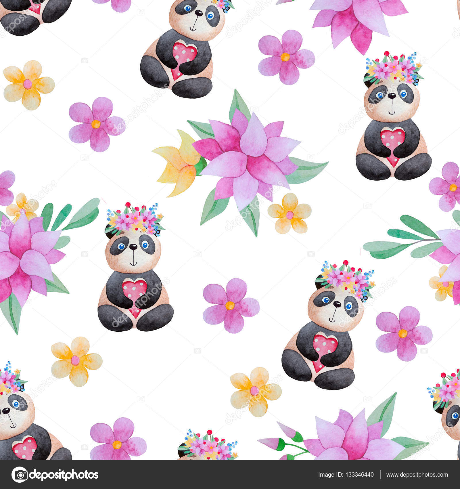Seamless pattern with flowers and panda. Stock Photo by ©Yulia337 133346440