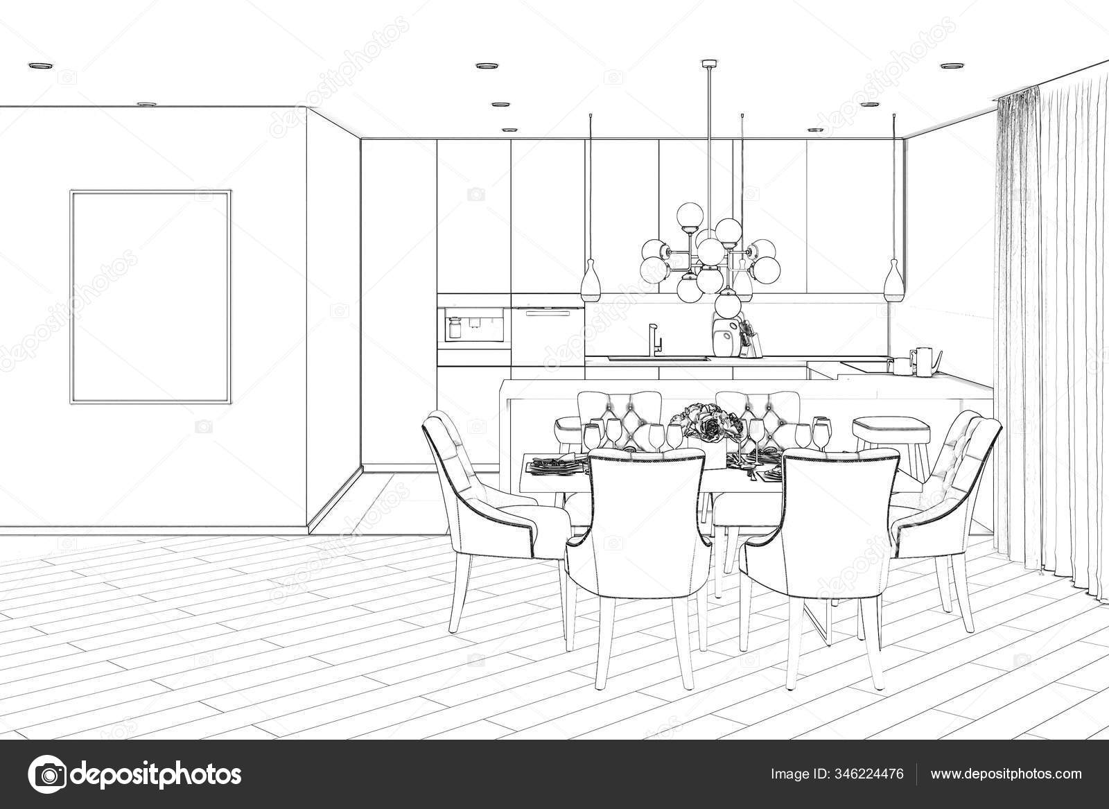 Illustration Sketch Modern Dining Room Stock Illustration by ...