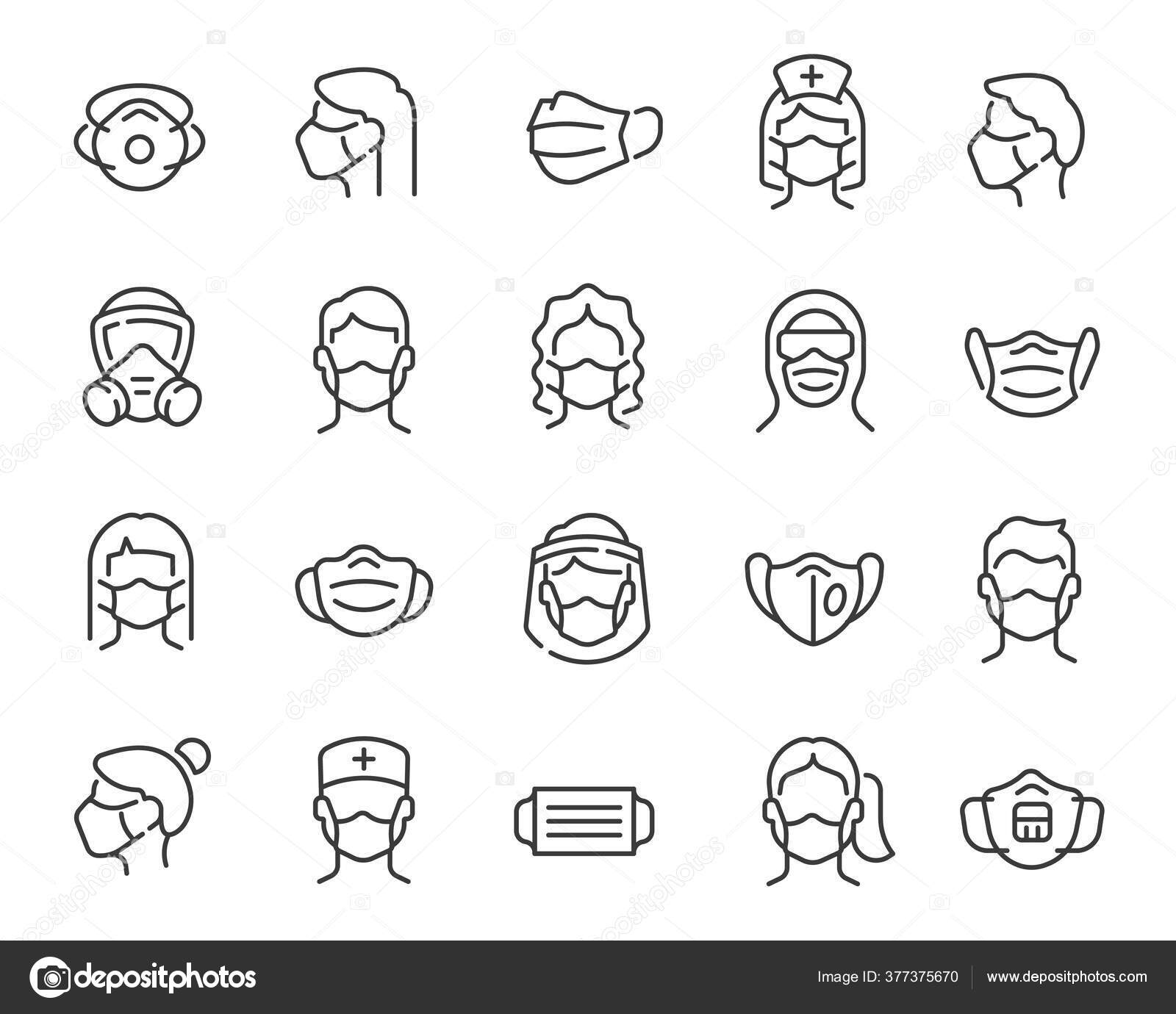 Medical Mask icons set. Editable vector stroke. Stock Vector by ...