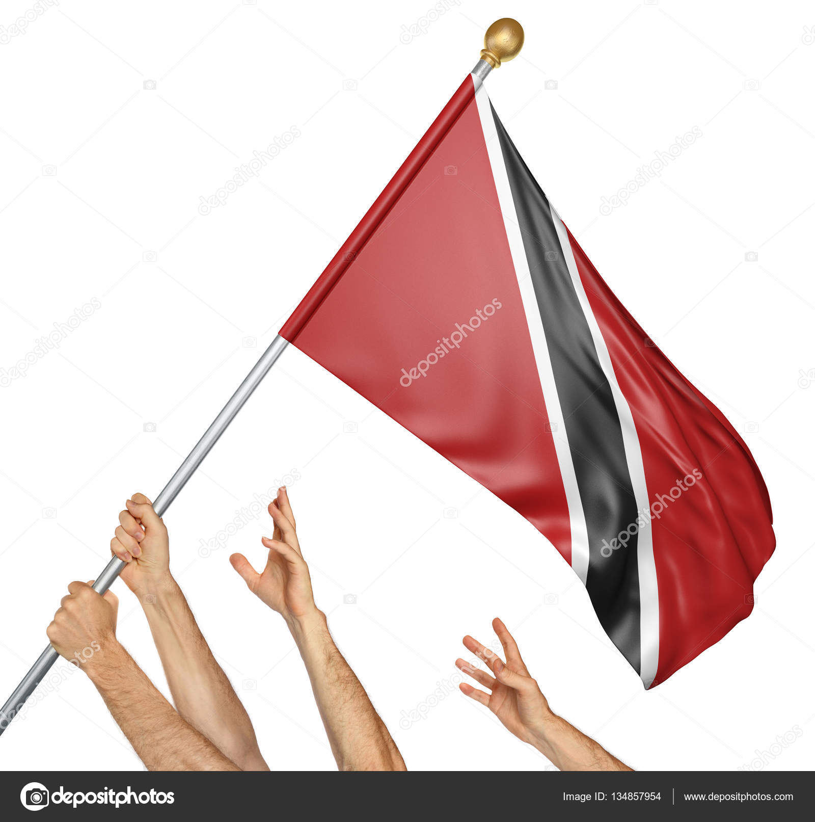 Team of peoples hands raising the Trinidad and Tobago national flag, 3D rendering isolated on ...