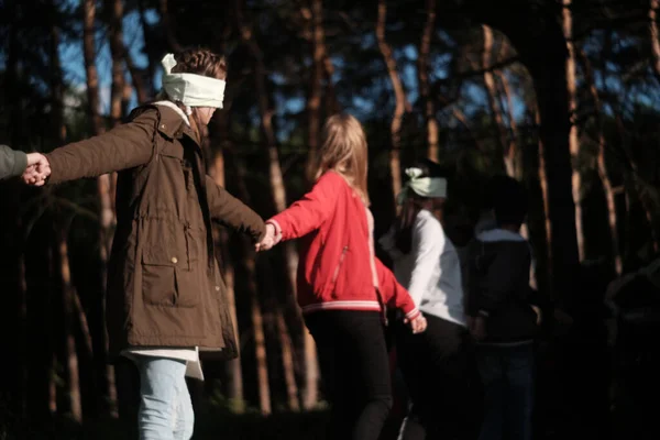 The game is a team work where blindfolded people walk through the woods ...