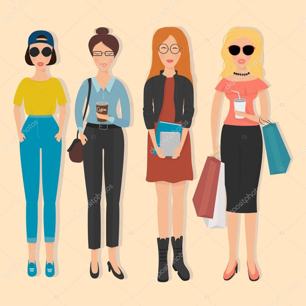 Las mujeres en diferentes ropa de moda. 2024