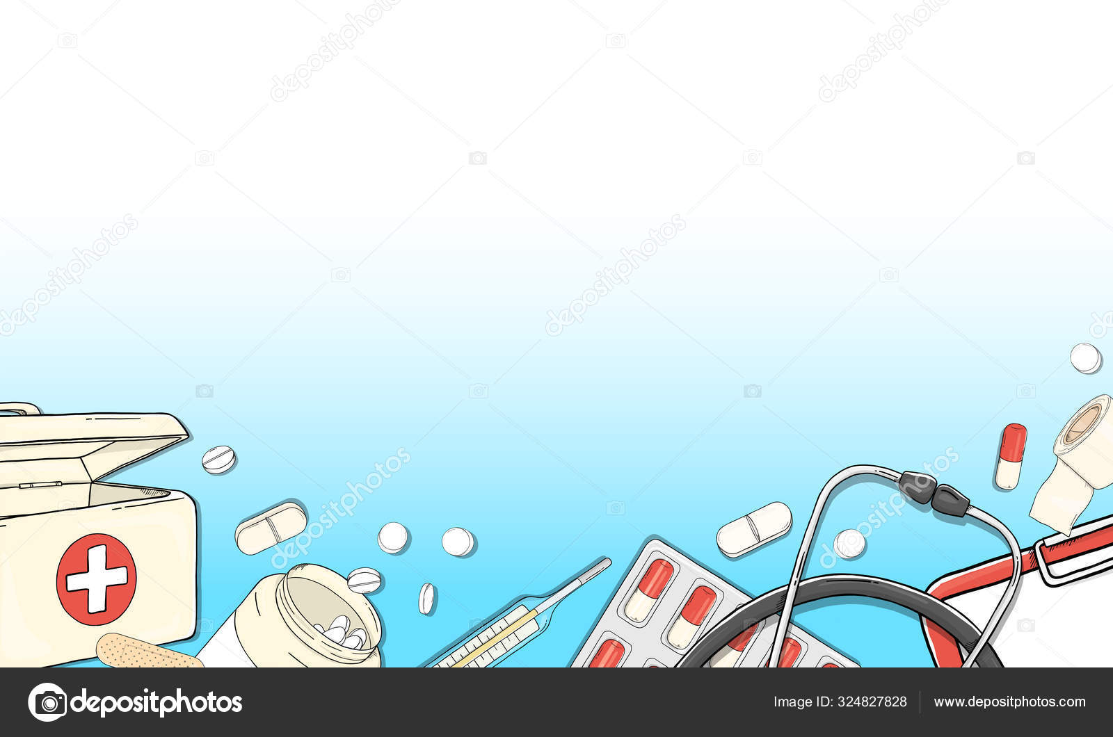 Frame on the theme of health. Medical equipment, medicines and pills on ...