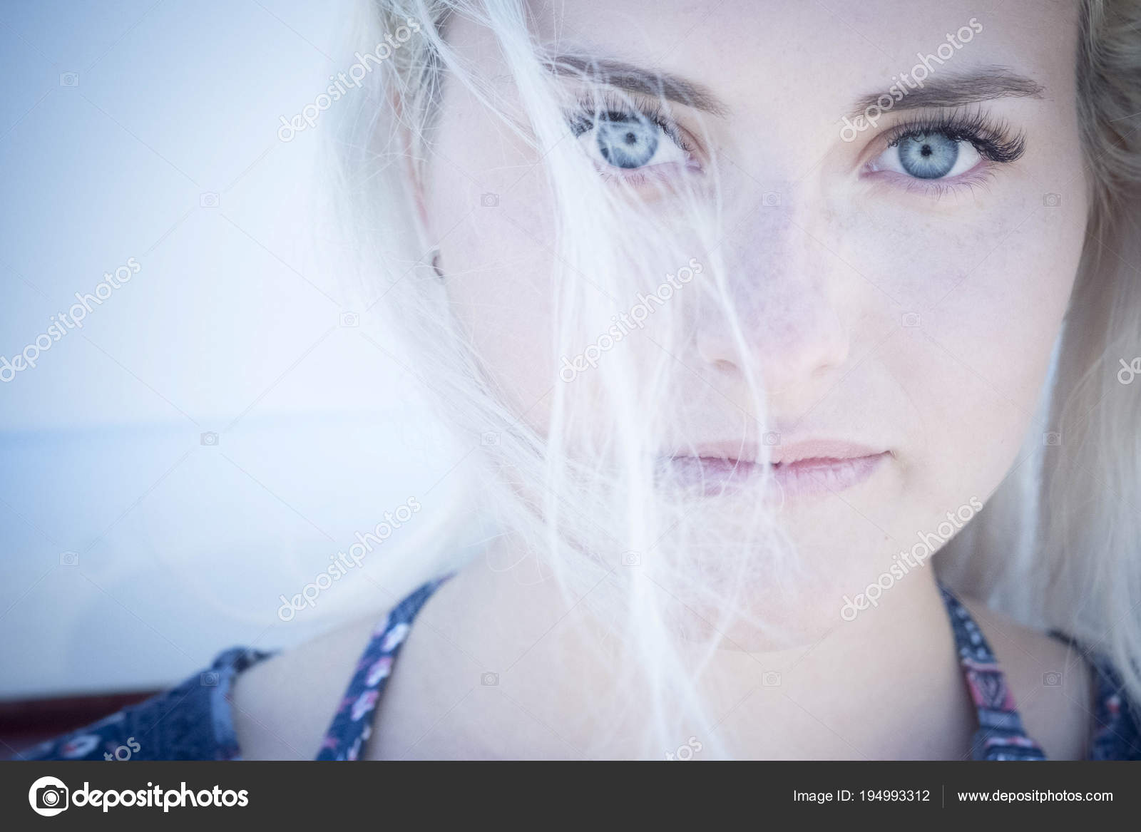 Beautiful Caucasian White Skin Blue Eyes Model Pose Looking Straight
