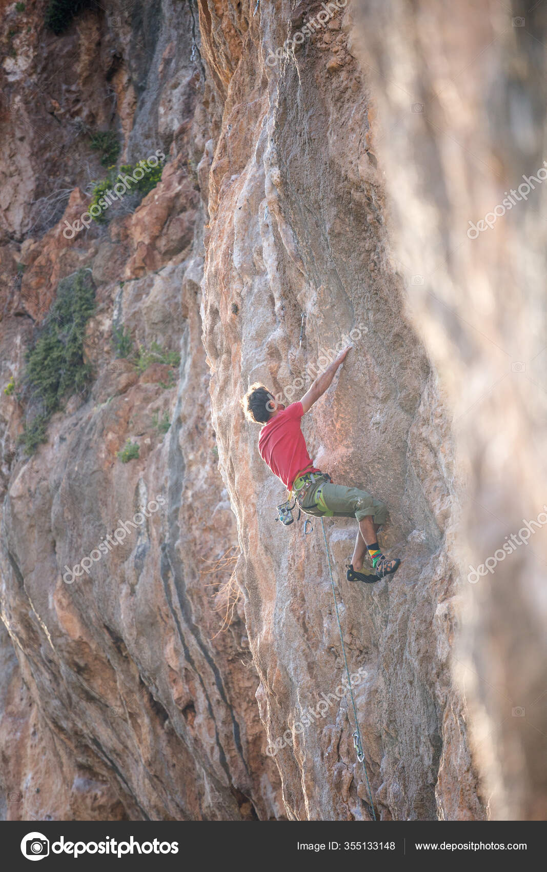 Strong Man Climbs Cliff Climber Overcomes Difficult Climbing Route ...