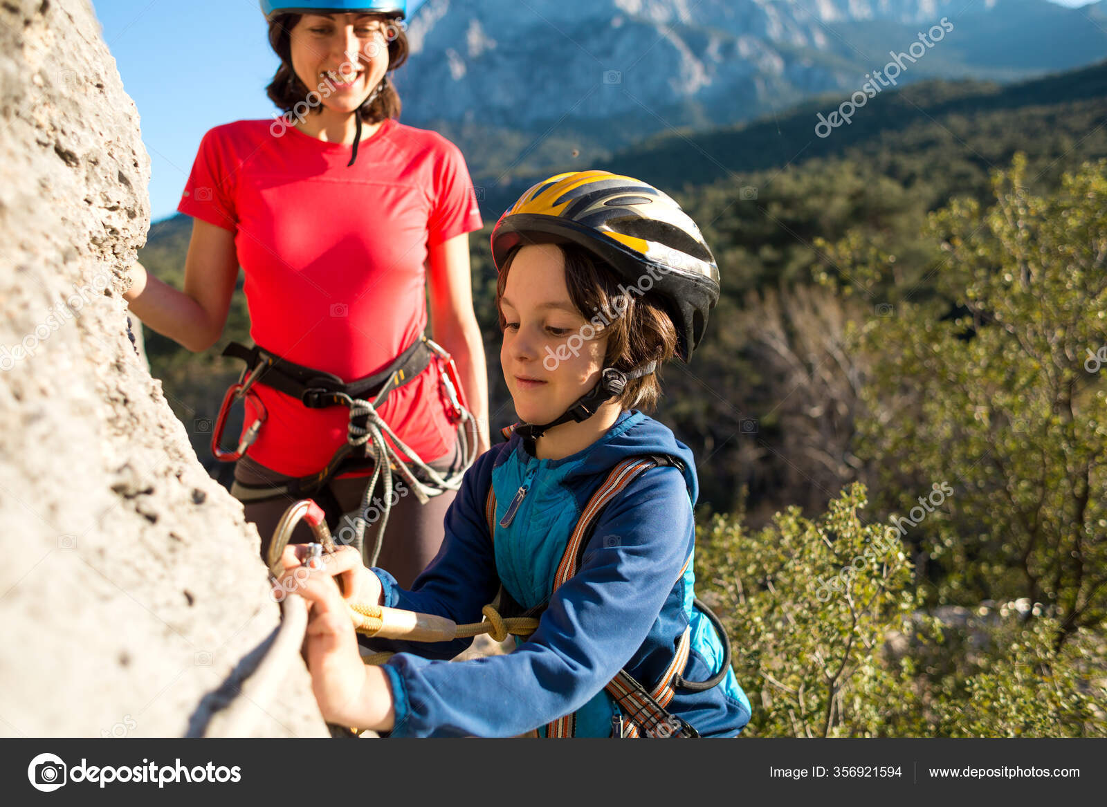 Mother Teaches Child How Use Safety Equipment Boy Helmet Goes Stock ...